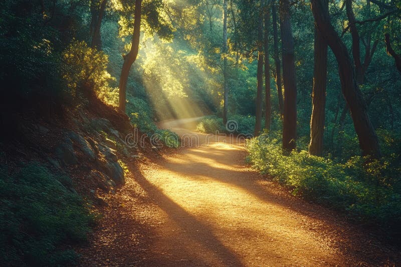 Sun Shining through Trees on Path in Lush Green Forest Stock ...