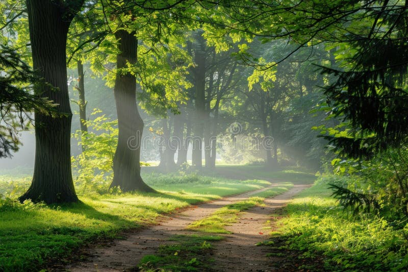 Sun Shining through Trees on Path Winding through Green Forest Stock ...