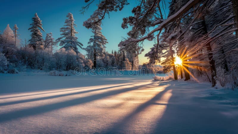 A Sun Shining through the Trees on a Snowy Path, AI Stock Image - Image ...