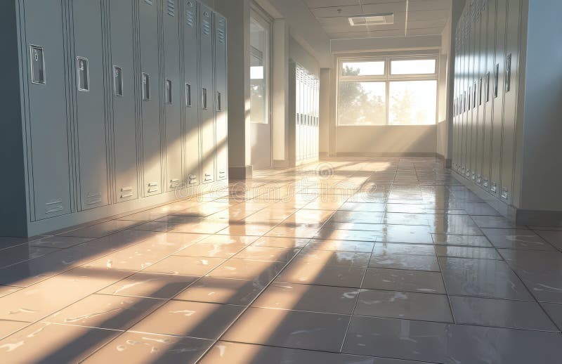 Sun Shining through Window into Empty School Hallway with Lockers Stock ...