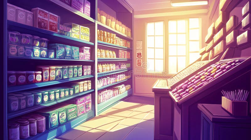 Sun Shining through Windows of a Candy Store Illustration Stock ...