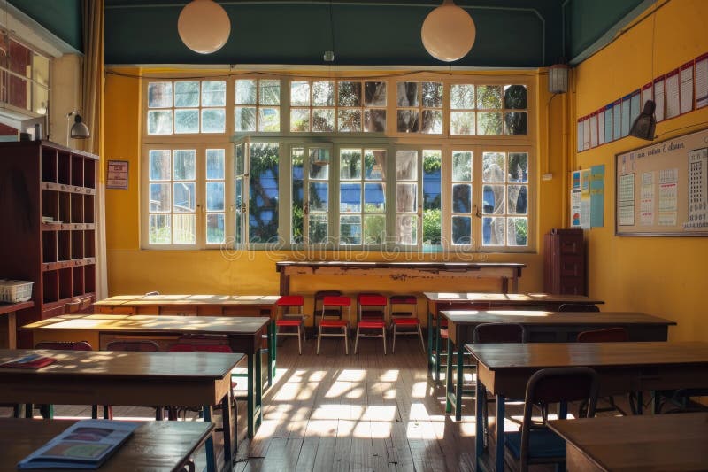 Sun Shining through Windows in an Empty Colorful Classroom Stock Image ...