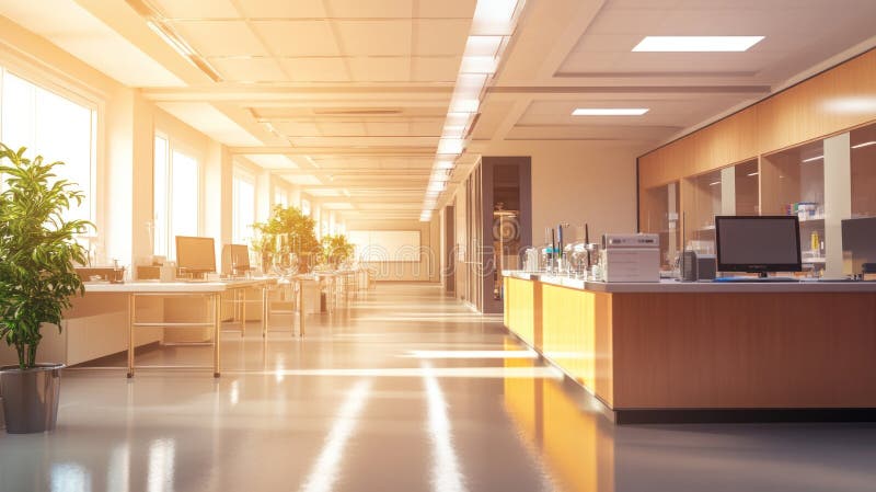 Sun Shining through Windows in Modern Laboratory with Advanced ...