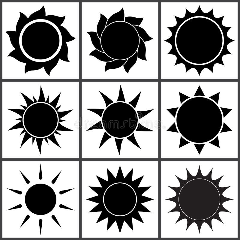 Sun Silhouette Set. Black Icons of Different Sun Shape Stock Vector ...