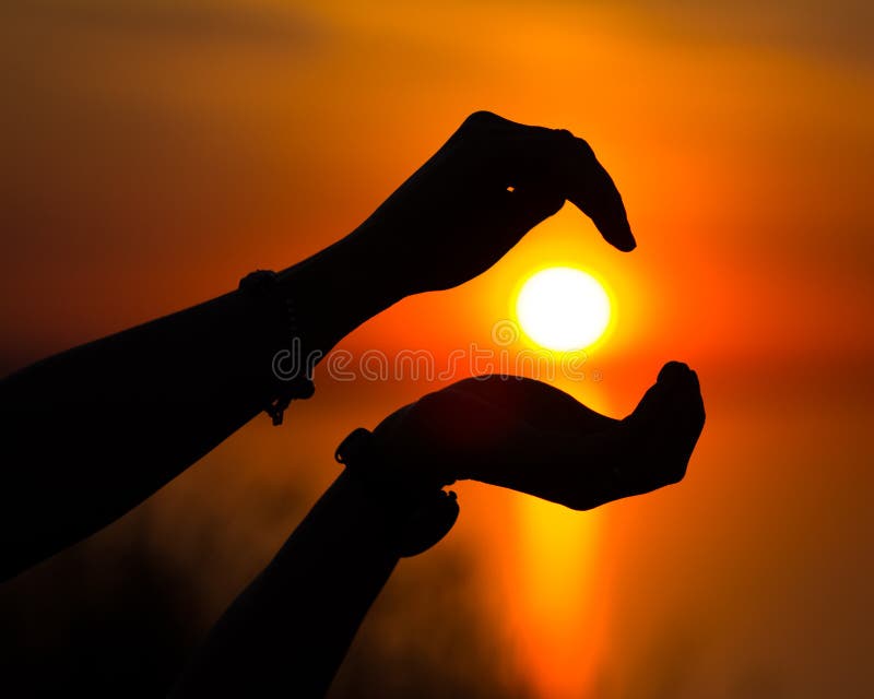 Sun Silhouette at Sunset Centered Beetween Hands Stock Image - Image of ...