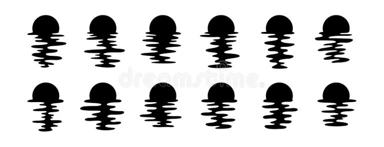 Sun Silhouettes Set. Vector Template Sun Reflection in Water. Sunset ...