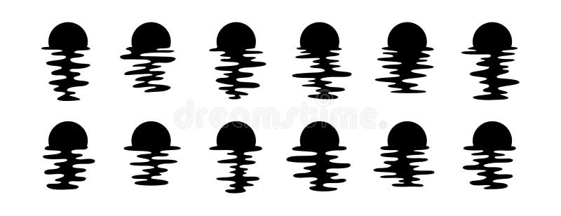Sun Silhouettes Set. Vector Template Sun Reflection in Water. Sunset ...