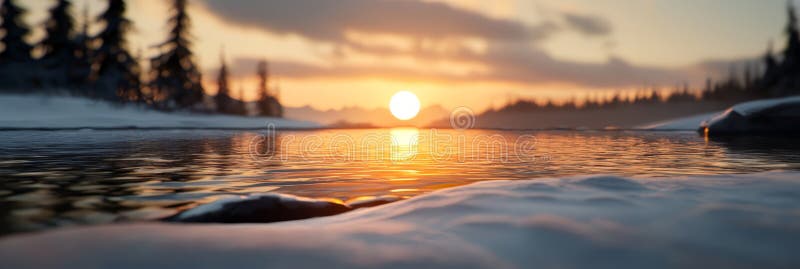 Sun Sinking Over Water, Snow-covered Ground Beneath, Trees in Backdrop ...