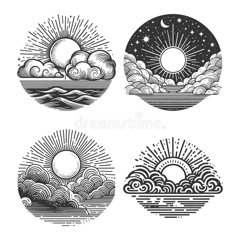 Sun and Sky with Clouds Engraving Set Vector Stock Illustration ...
