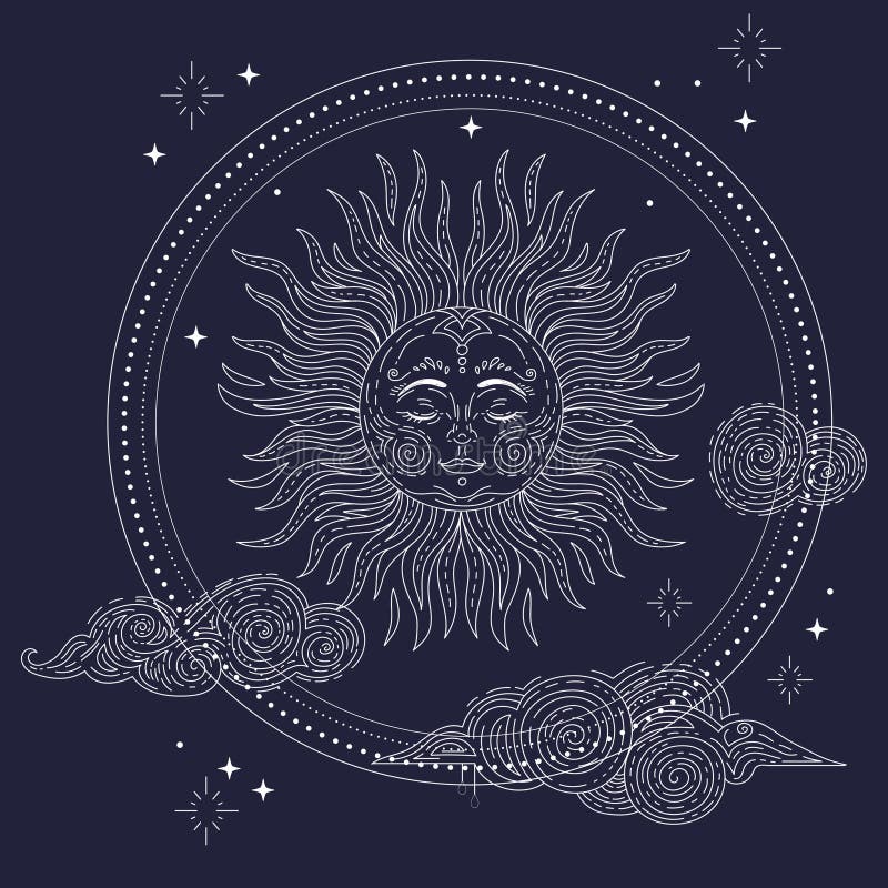 Sun in the Sky with Stars Linear Hand Drawing Illustration Stock Vector ...