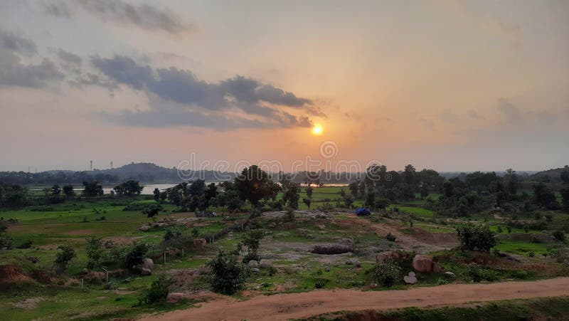 Sun Sky Trees Grass Road Water Stock Photo - Image of trees, road ...