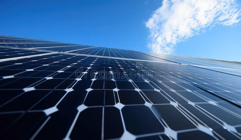 The Sun is Slowly Setting Behind a Long Row of Solar Panels Stock Image ...