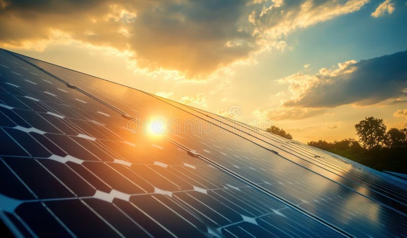 Sun Slowly Setting Behind Long Row Solar Panels Stock Photos - Free ...