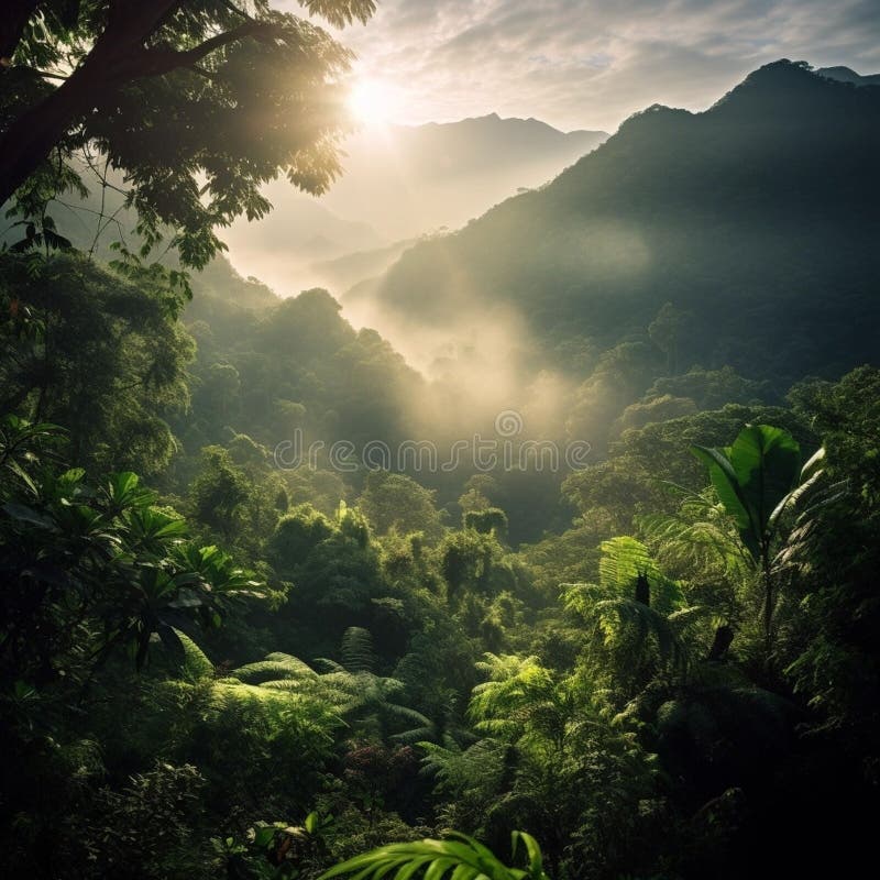 Sun-soaked Landscape Featuring Lush Greenery of Trees in a Jungle. AI ...