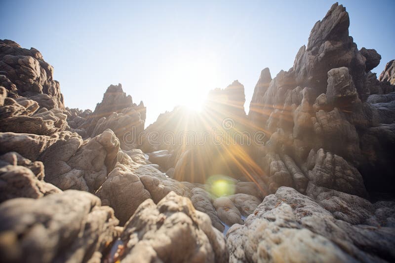 Sun Spots Seen through Craggy Rocks on a Coastline Stock Photo - Image ...