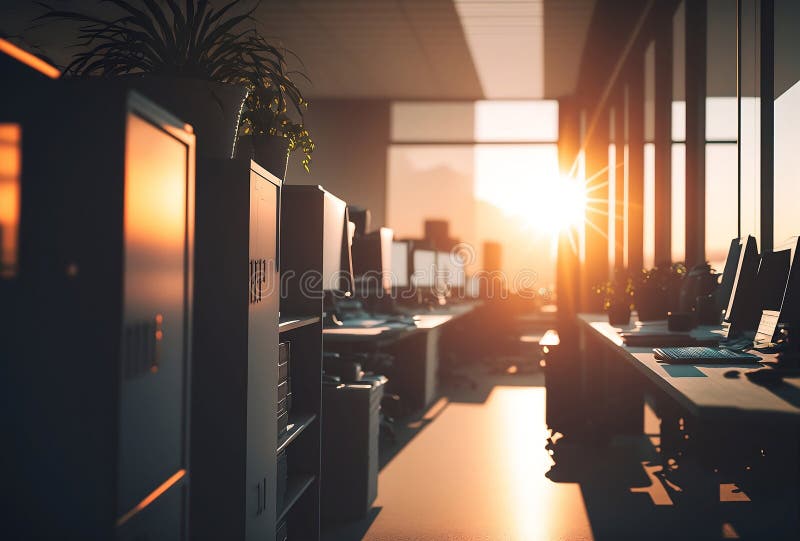 Sun Streaming in Office through Windows during Sunset. Empty Office ...