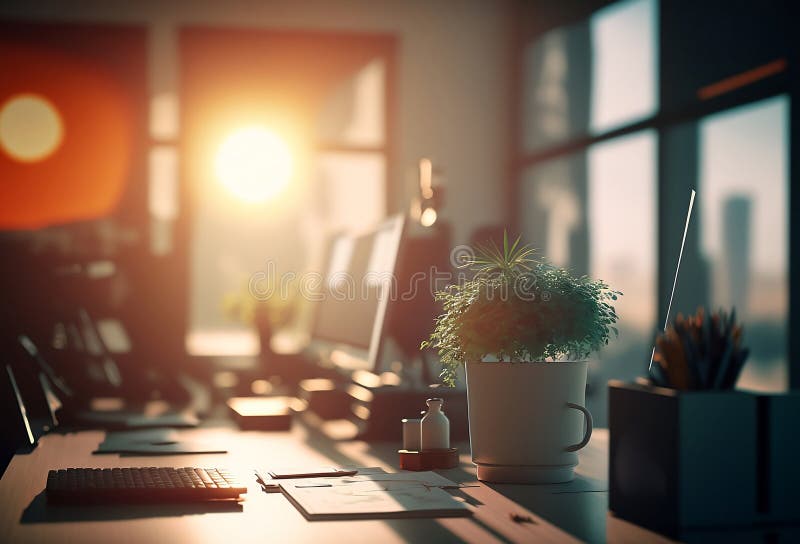 Sun Streaming in Office through Windows during Sunset. Empty Office ...