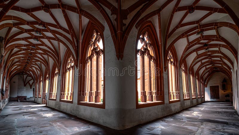 Gothic Architecture Showcased in Sunlit Corridor of Medieval Monastery ...