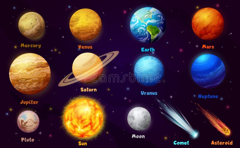 Sun System Cartoon Planets and Stars, Solar Galaxy Stock Vector ...
