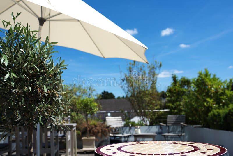Sun Terrace with Empty Round Table Stock Image - Image of field, copy ...