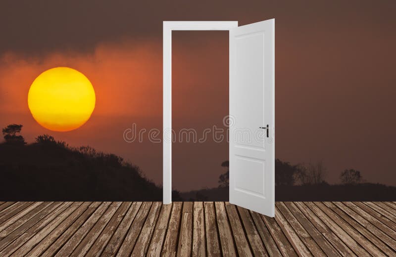 Sun at Twilight Behind the Opening Door,3D Stock Photo - Image of asian ...