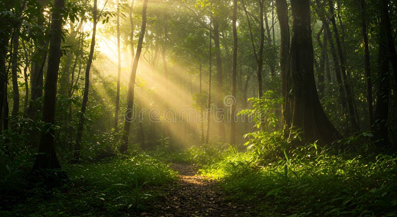 A Sunbeam-drenched Path Winds through a Vibrant Tropical Forest Stock ...