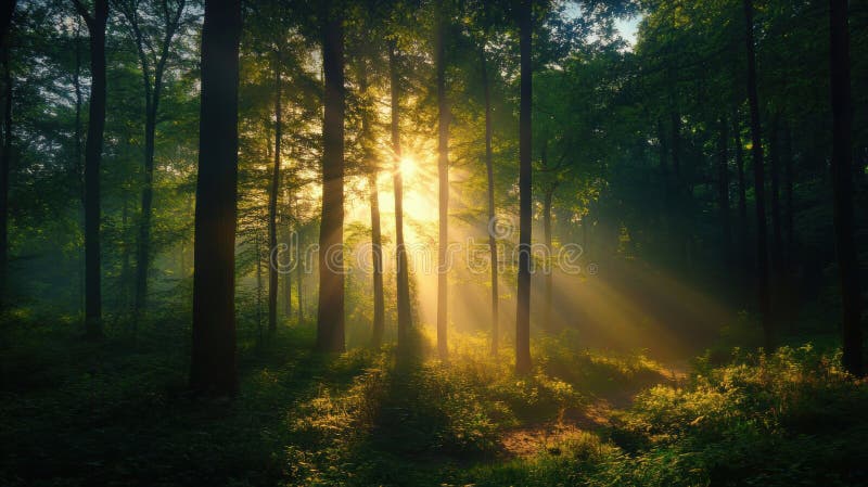 A Sunbeam in a Forest with Tall Trees Stock Illustration - Illustration ...