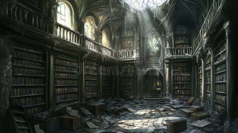 A Sunbeam Illuminates a Desolate, Cobweb-Covered Library Stock ...
