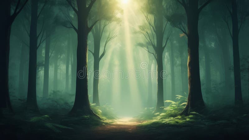 A Sunbeam Illuminates a Path through a Dense Forest Stock Illustration ...