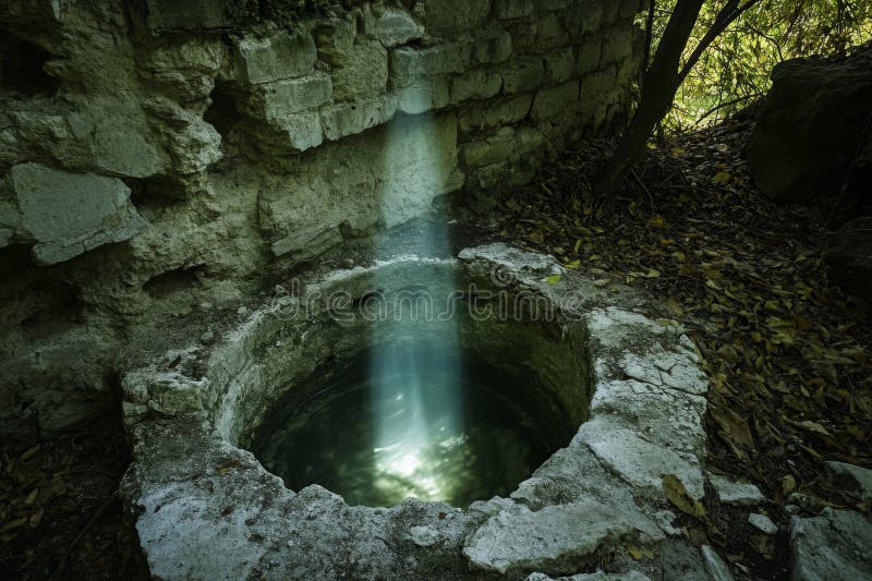 A Sunbeam Illuminates a Stone Well in a Forest Clearing Stock ...