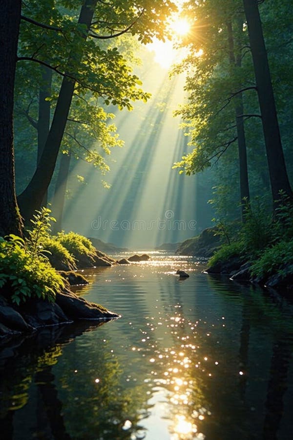Sunbeam Illuminates Tranquil Forest River; Dappled Light on Water ...