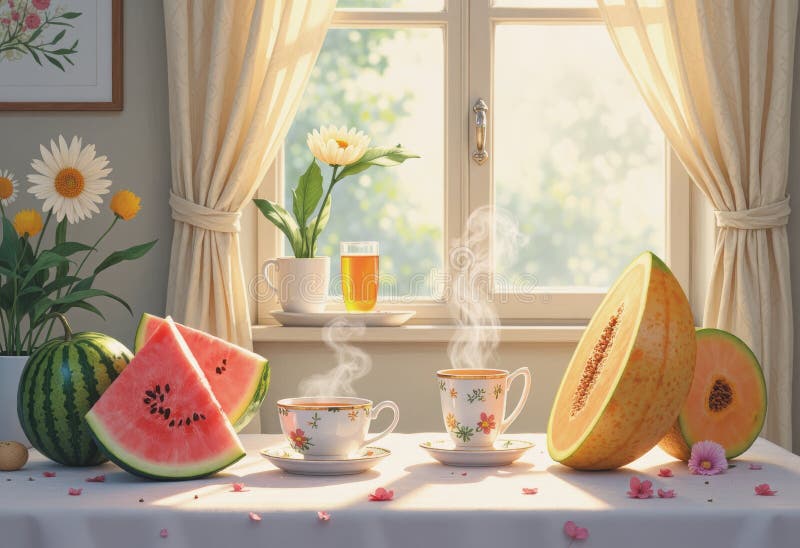Sunbeam Illuminating a Breakfast Table with Fresh Fruit and Steaming ...