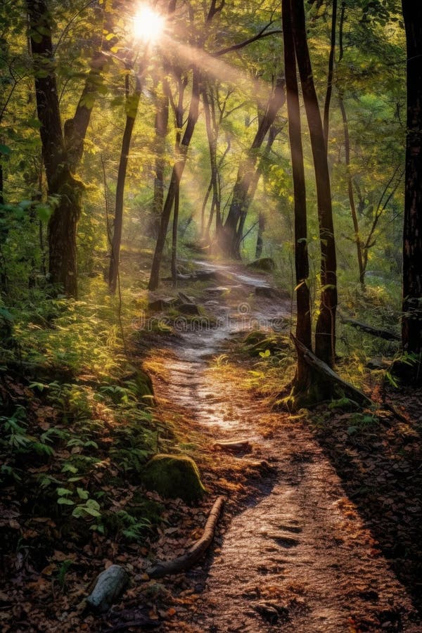 Sunbeam Illuminating a Dense Forest Path Stock Illustration ...