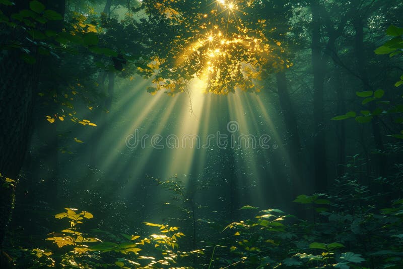 Sunbeam Piercing through Dense Forest Trees Stock Image - Image of ...