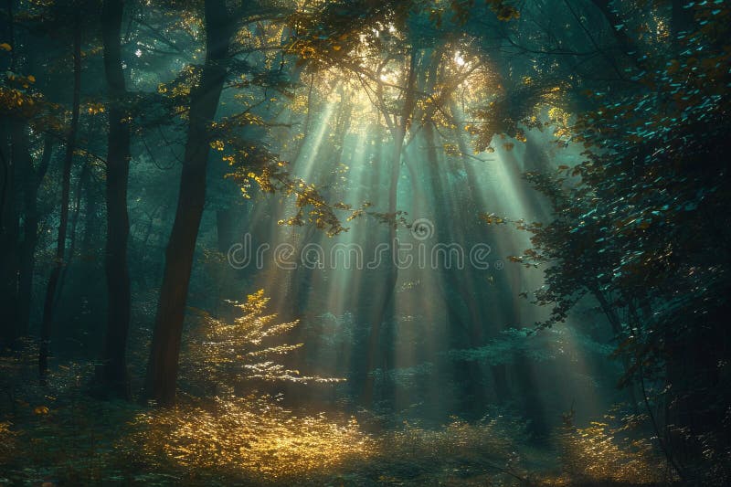 A Sunbeam Shines through the Trees in a Forest Stock Image - Image of ...