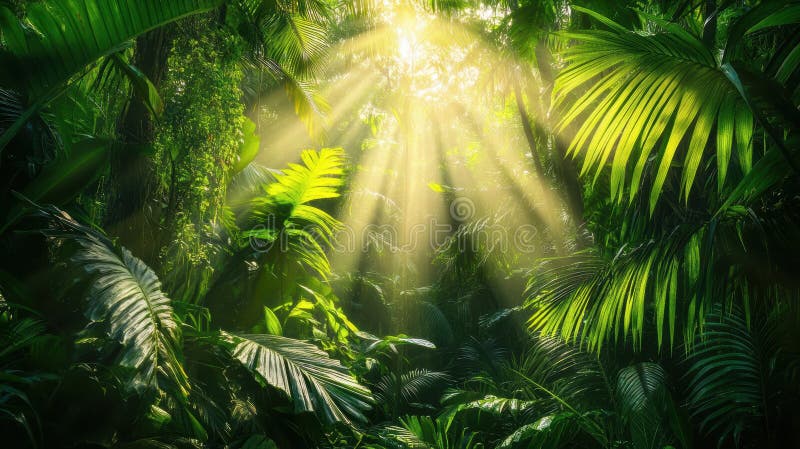 A Sunbeam Shines through the Trees in a Tropical Jungle Stock ...