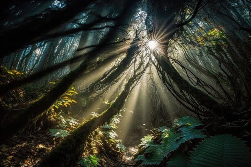 Sunbeam Shining through the Canopy, Illuminating the Forest Floor Stock ...