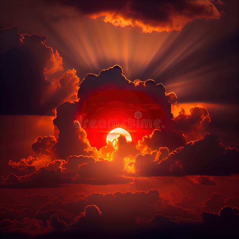 Sunset with Sun Rays, Generative Ai Stock Illustration - Illustration ...