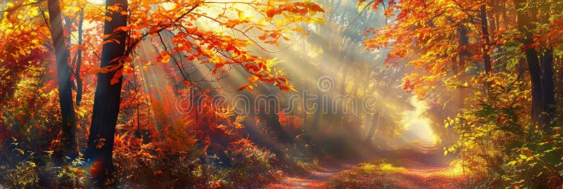 Sunbeams Break through Vibrant Fall Foliage, Casting Long Shadows ...