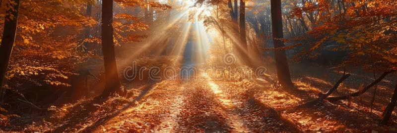 Sunbeams Break through Vibrant Fall Foliage, Casting Long Shadows ...