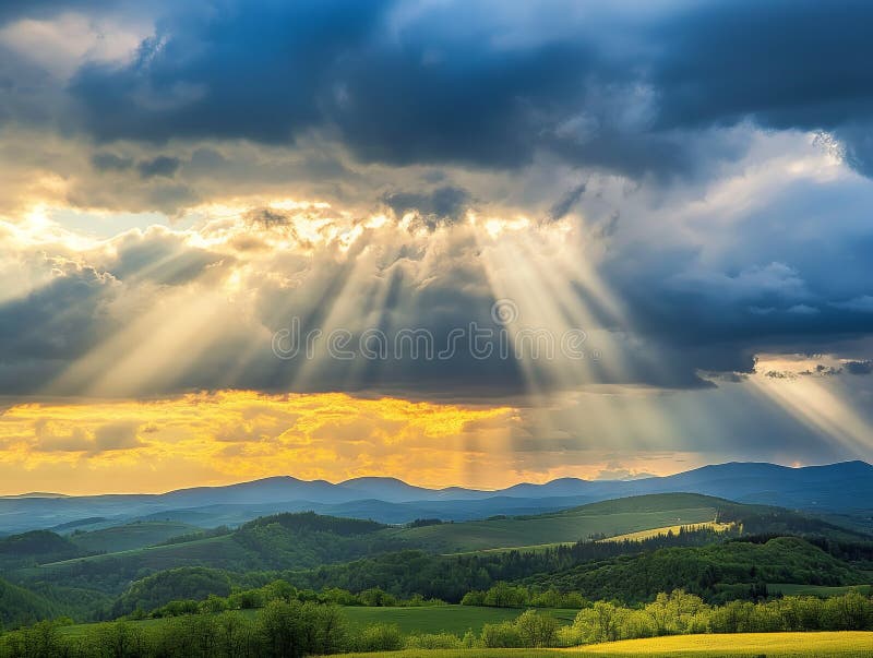 Sunbeams Breaking through Clouds Over Rolling Hills Stock Photo - Image ...
