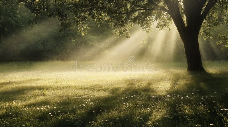 Sunbeams Breaking through Fog in a Forest Clearing Stock Illustration ...