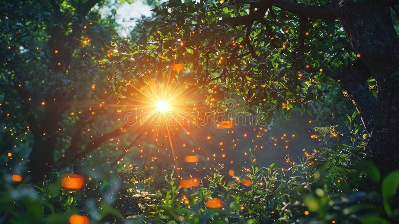 Sunbeams Breaking through the Leaves of a Tree Glowing Fireflies in the ...