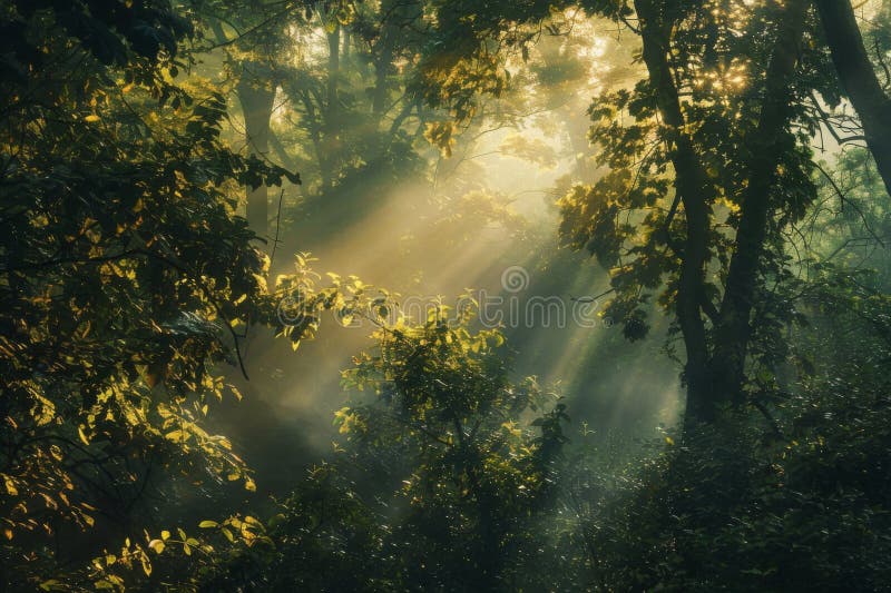 Sunbeams Filtering through Forest Trees Stock Illustration ...