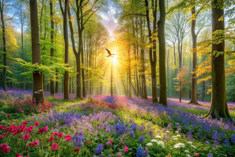 Sunbeams through Forest, Spring Flowers, Bird Stock Illustration ...