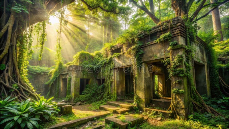 Sunbeams Illuminate Ancient Stone Structure Reclaimed by Lush Jungle ...