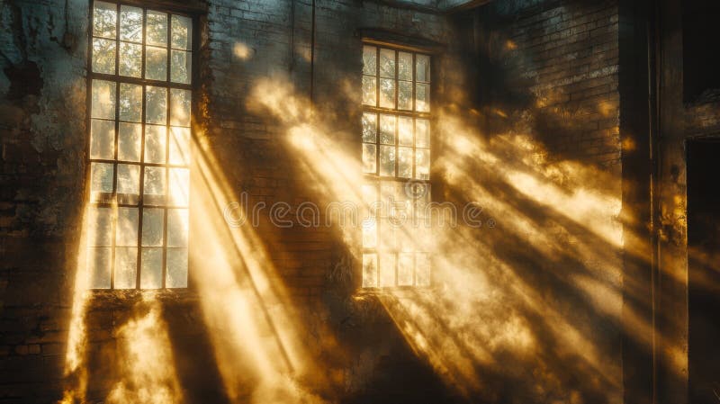 Sunbeams Illuminate Dust Motes in Abandoned Factory Stock Illustration ...