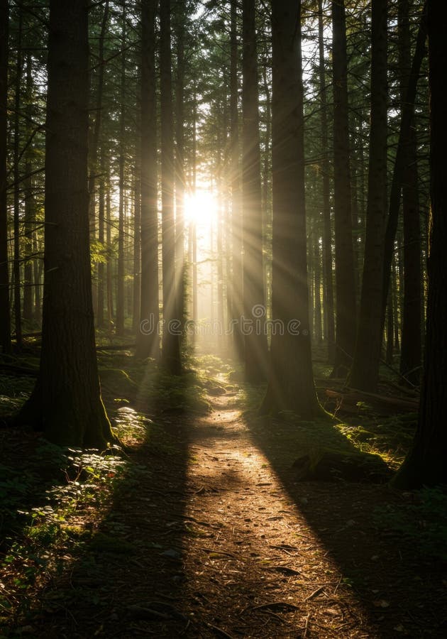 Sunbeams Illuminate Forest Path Stock Image - Image of atmosphere ...