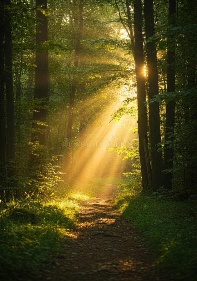 Sunbeams Illuminate Forest Path Stock Illustration - Illustration of ...