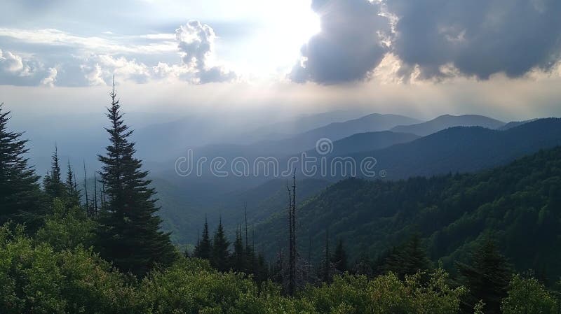 Sunbeams Illuminate Hazy Mountain Range at Sunset Stock Image - Image ...